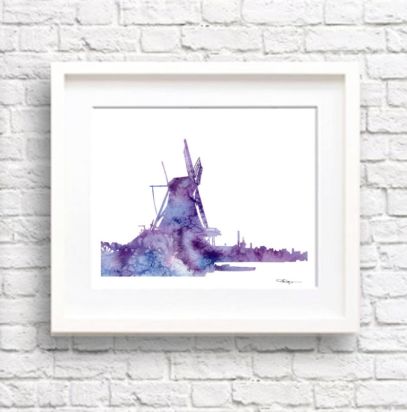 Dutch Windmill Art Print Abstract Watercolor Painting Wall - Etsy