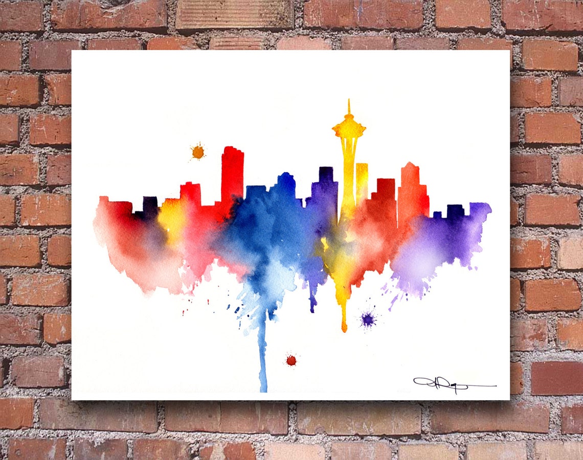 Seattle Skyline Abstract Watercolor Art Print Wall Decor - Etsy