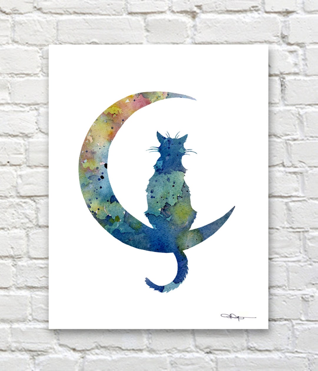 Blue Moon Cat Art Print Abstract Watercolor Painting Wall - Etsy