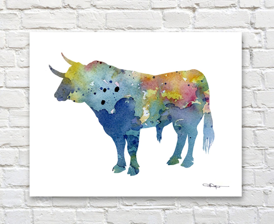 Blue Bull Art Print Abstract Watercolor Painting Animal Art Wall Decor ...