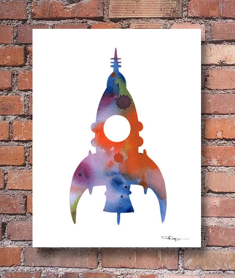 Rocket Ship Art Print Abstract Watercolor Painting Nursery - Etsy