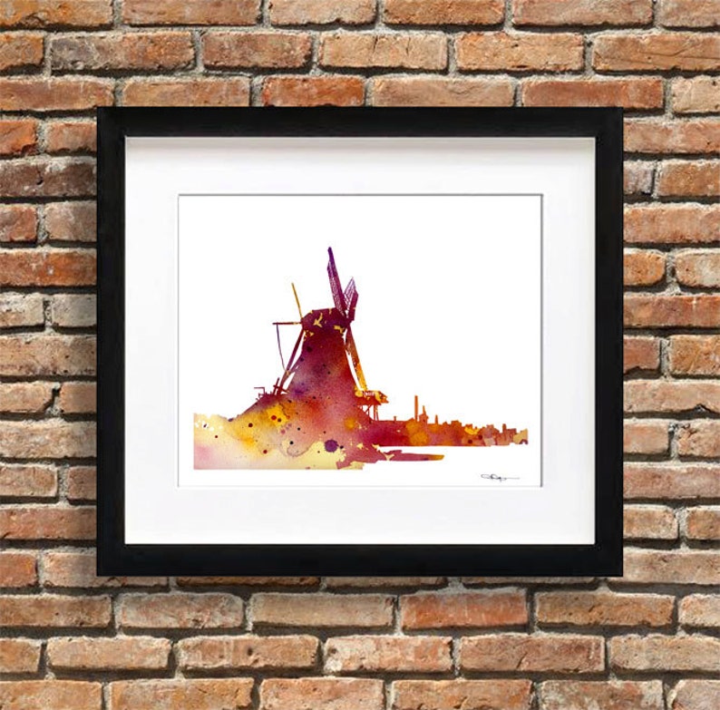 Dutch Windmill Art Print Abstract Watercolor Painting Wall - Etsy