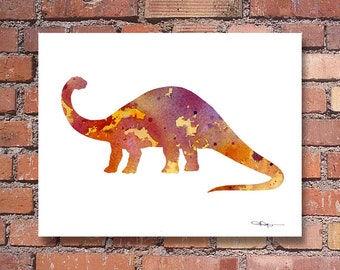 Dinosaur Brontosaurus Drawing Black Marker Watercolor Painting on White ...