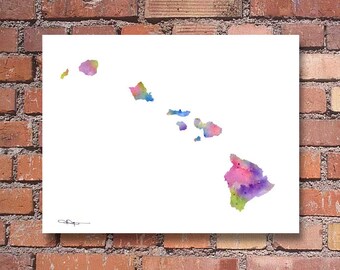 Hawaii Map Island Map of Hawaii Art Print Watercolor Illustration Wall ...
