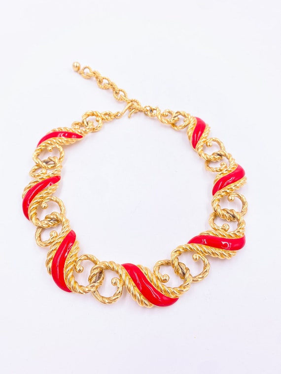 Red and Gold Enamel Necklace, 80s Vintage Jewellery, … - Gem