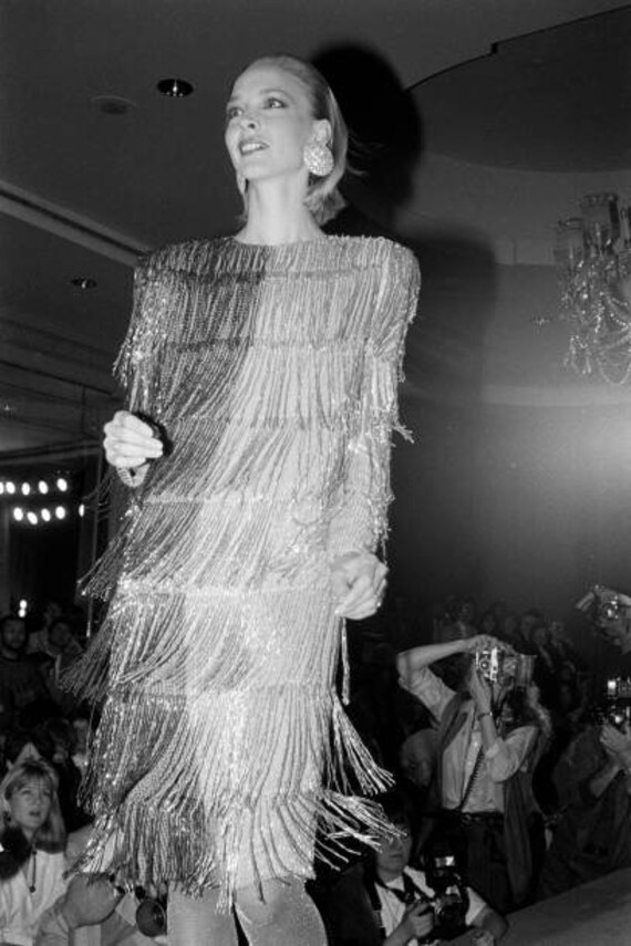 Bill Blass Fall 1984 Beaded Fringe Bronze & Gold Cock… - Gem