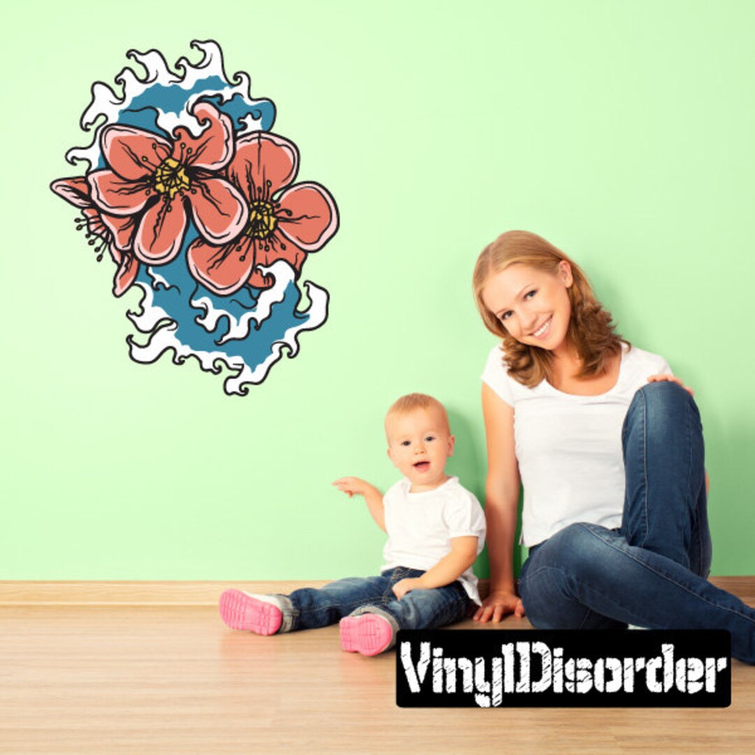 Japanese Floral Cherry Blossom Wall Decal - Wall Fabric - Vinyl Decal ...