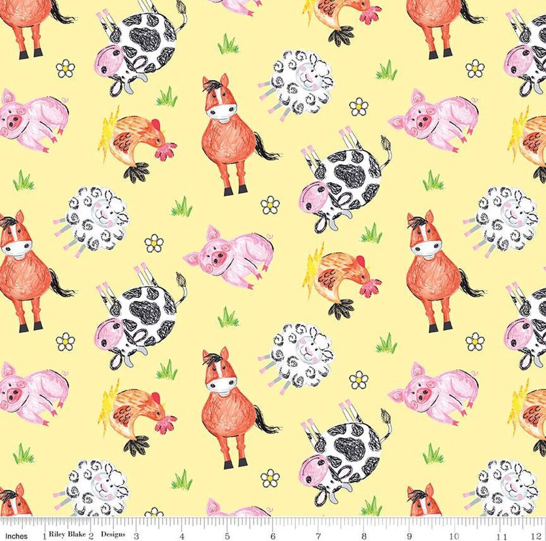 Coloring on the Farm Yellow Toss, Riley Blake Designs, Farm Animals ...