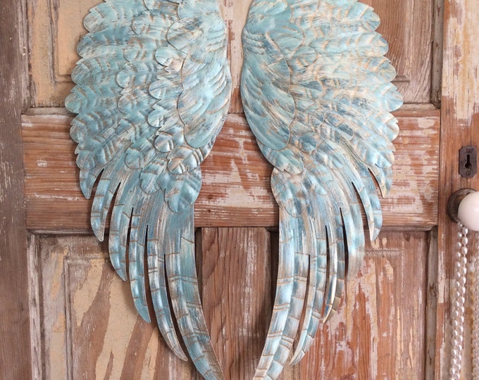 Large Metal Angel Wings Wall Decor, Distressed Turquoise , Ivory ...