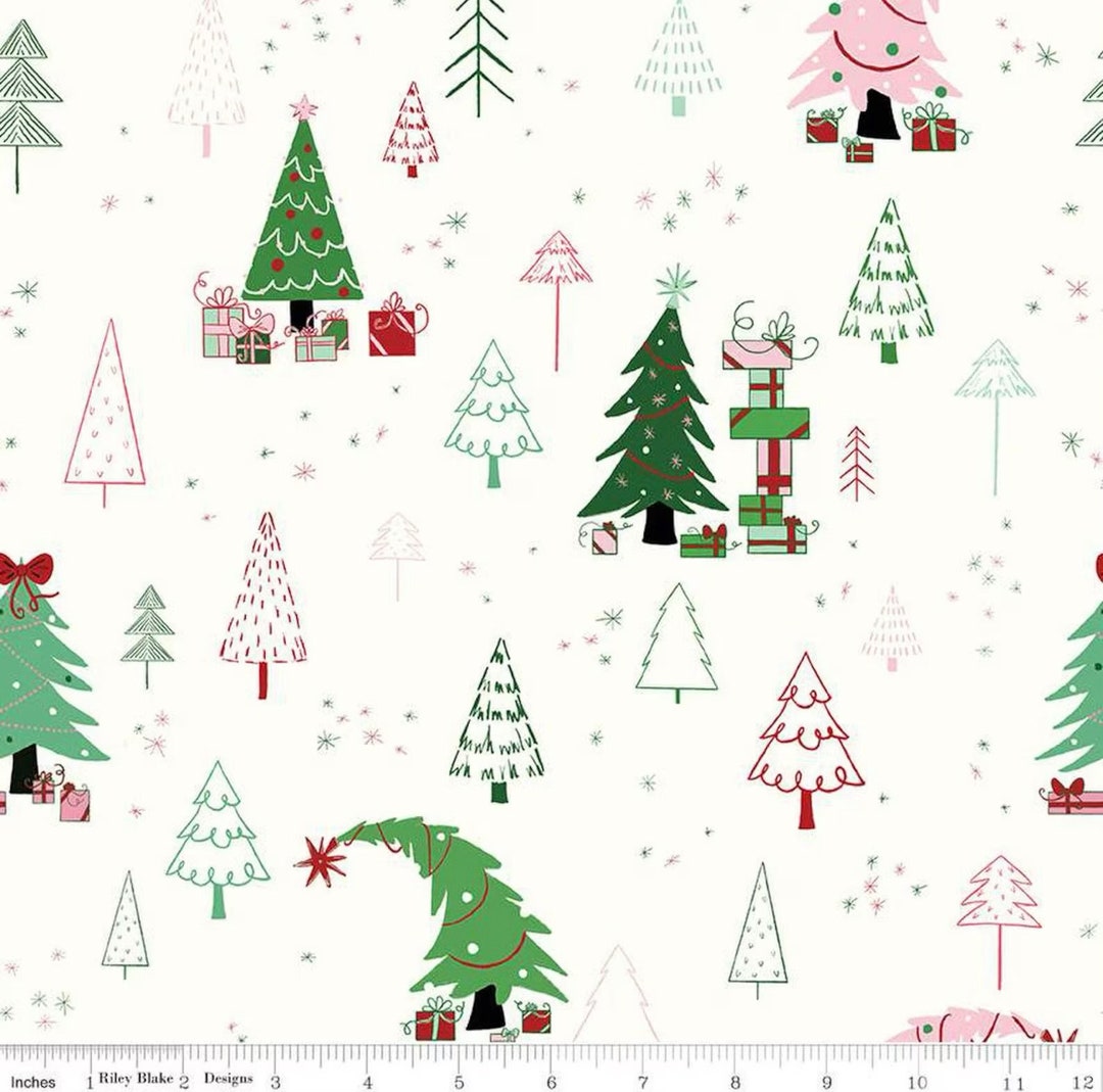 Riley Blake, Christmas With Scaredy Cat, Pine Trees, Christmas Trees With Presents, C13530-cream ...