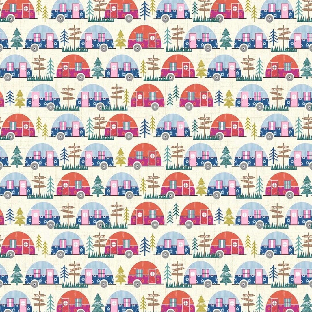 Happy Camper , Michael Miller Fabric, Trailer Park Cx11010-cream, Retro ...