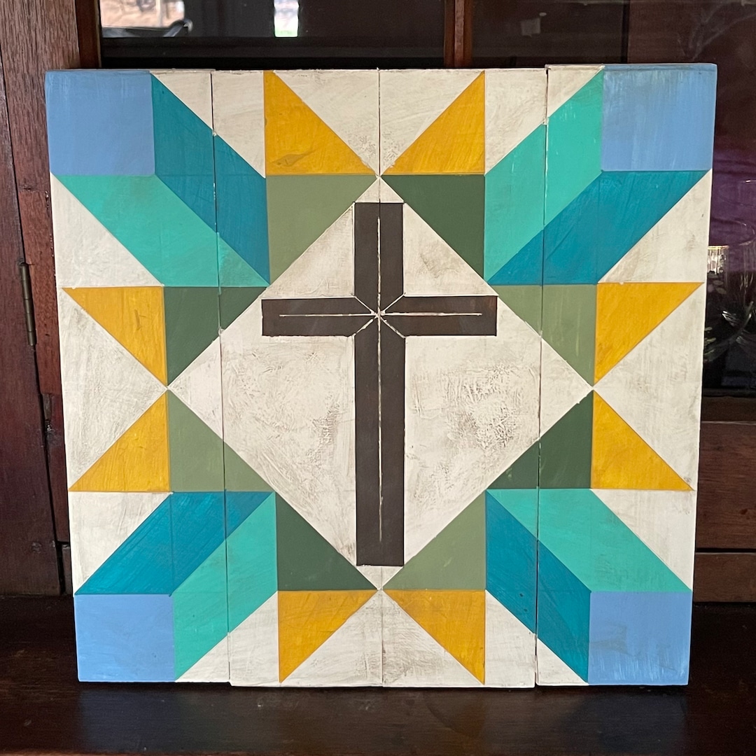 Hand Painted Barn Quilt With Cross Antiqued to Look Vintage. - Etsy
