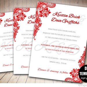 Red Wedding Invitationlace Wedding Invitation Templatered - Etsy