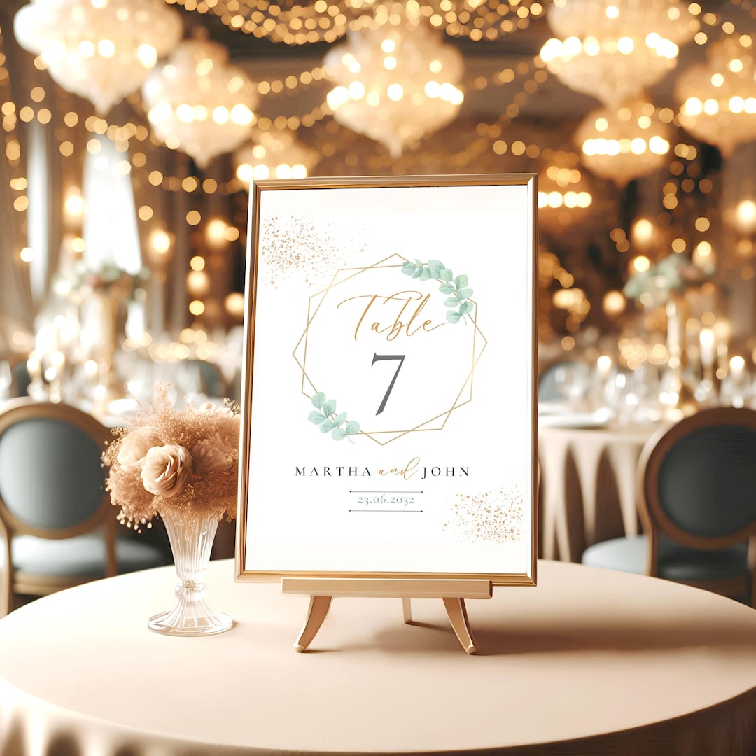 Green and Gold Table Numbers Template, Eucalyptus Table Card, Printable ...