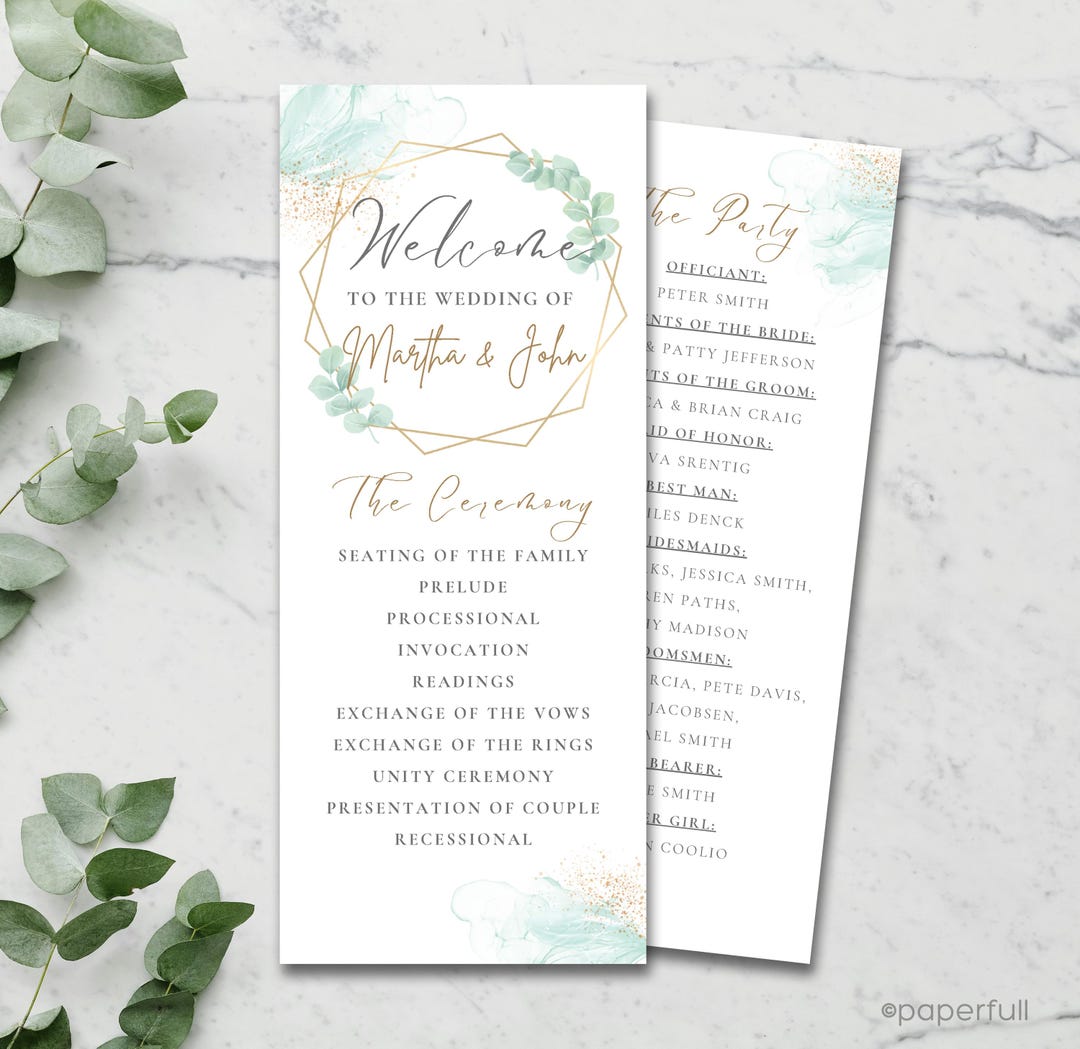 Sage Green Wedding Program Template Canva, Green and Gold Printable ...