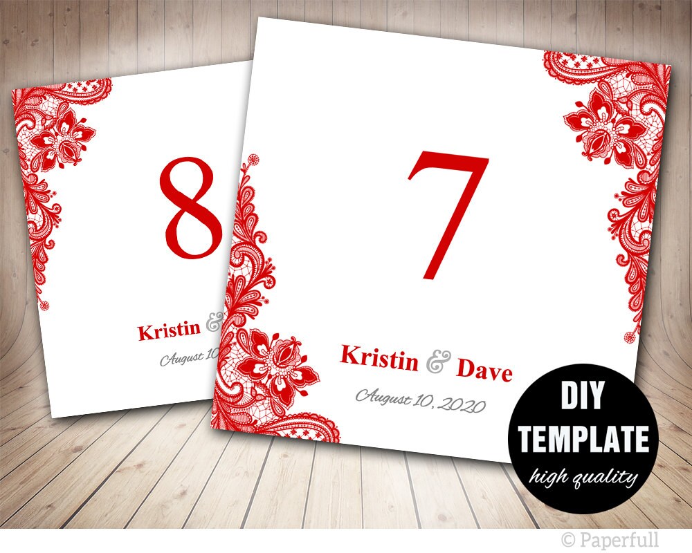 Red Table Number Card Template Lace Table Card Template 5x5 | Etsy