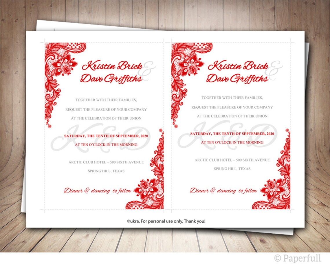 Red Wedding Invitationlace Wedding Invitation Templatered - Etsy