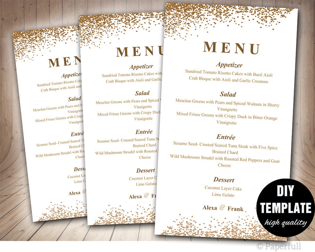 Gold Menu Template,wedding Menu Template,printable Wedding Menu Card ...