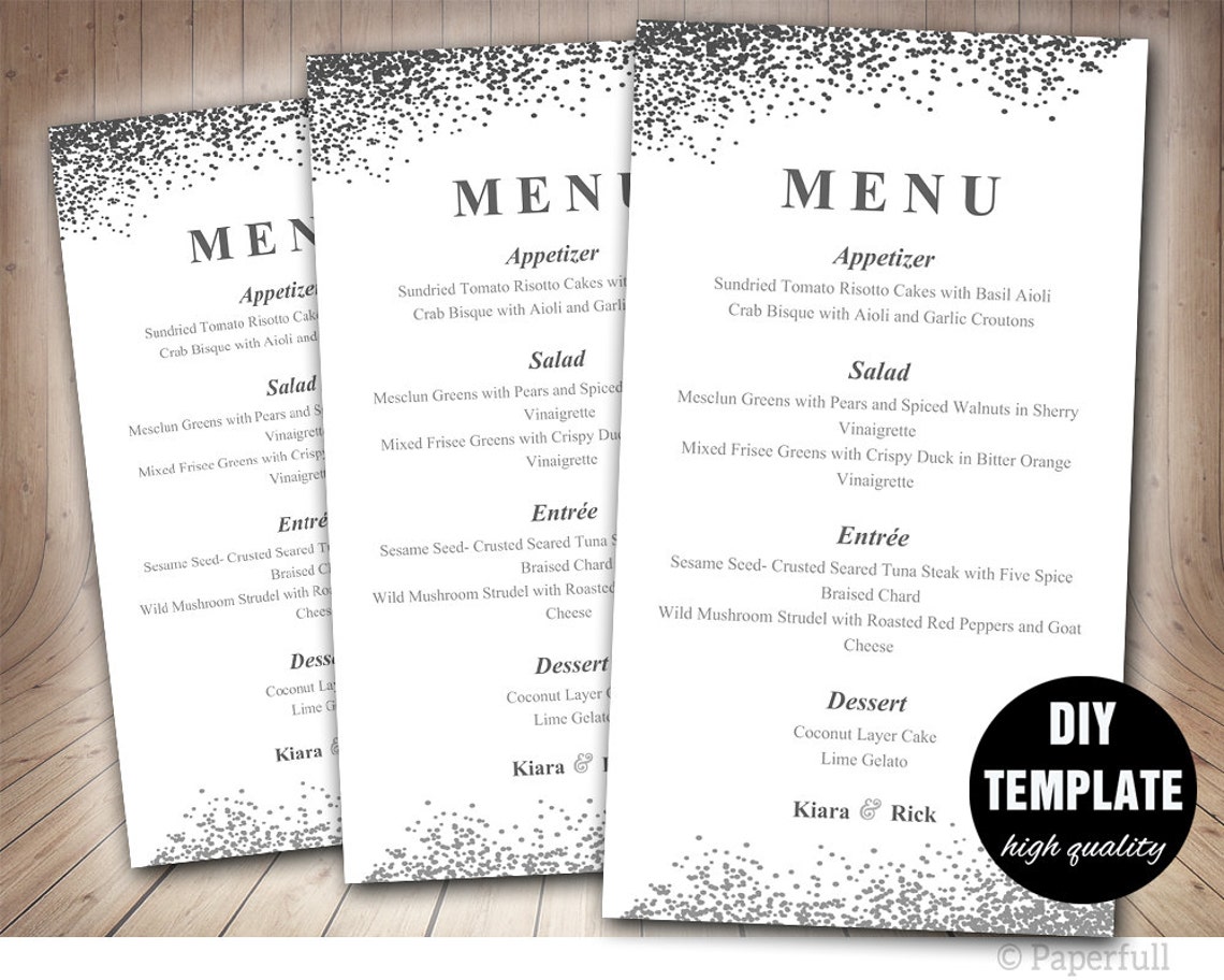 Wedding Menu Template in Silver,menu Template Diy,wedding Menu Card ...
