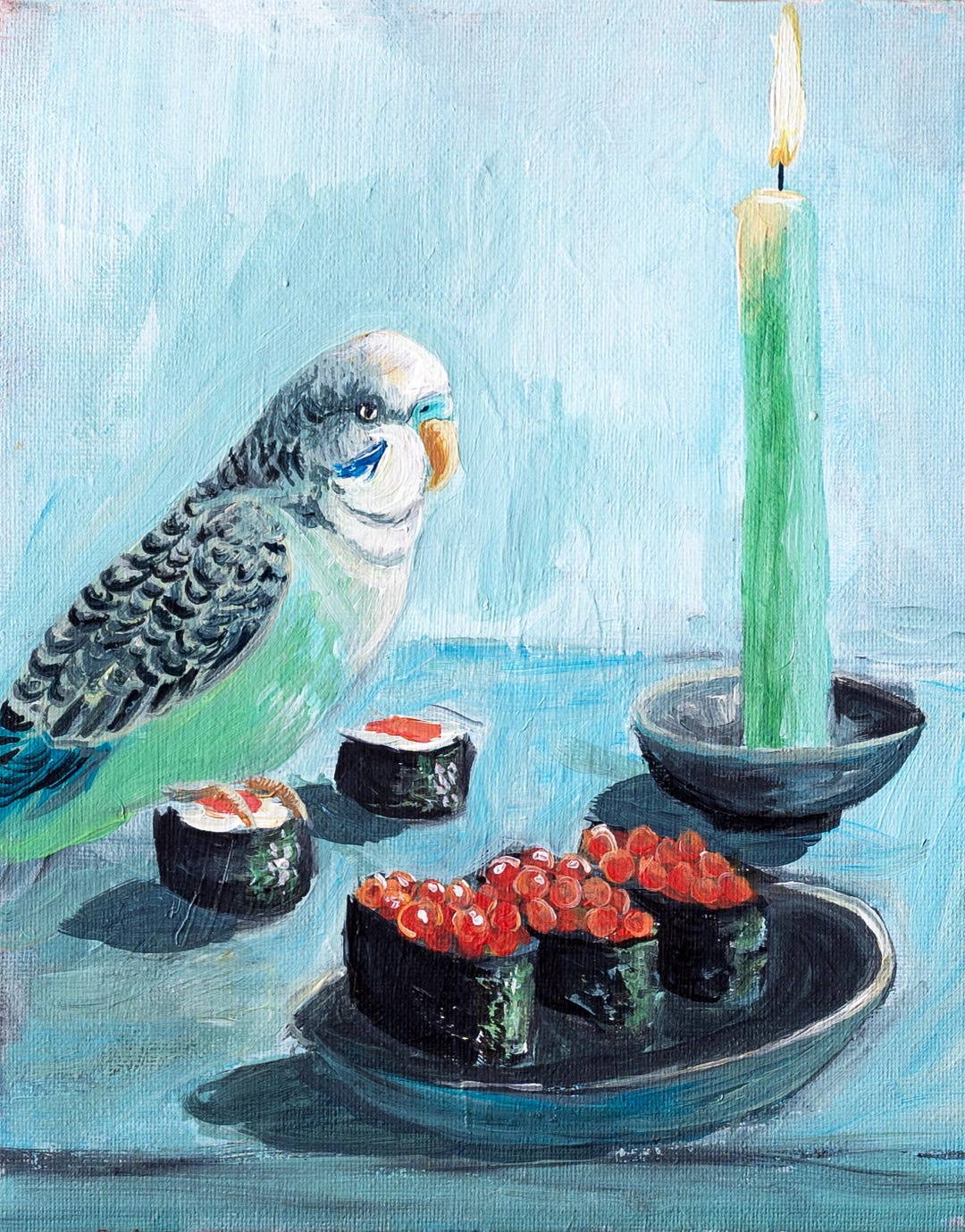 Sushi Small Still Life Original Painting Food Bird Candles Cute ...