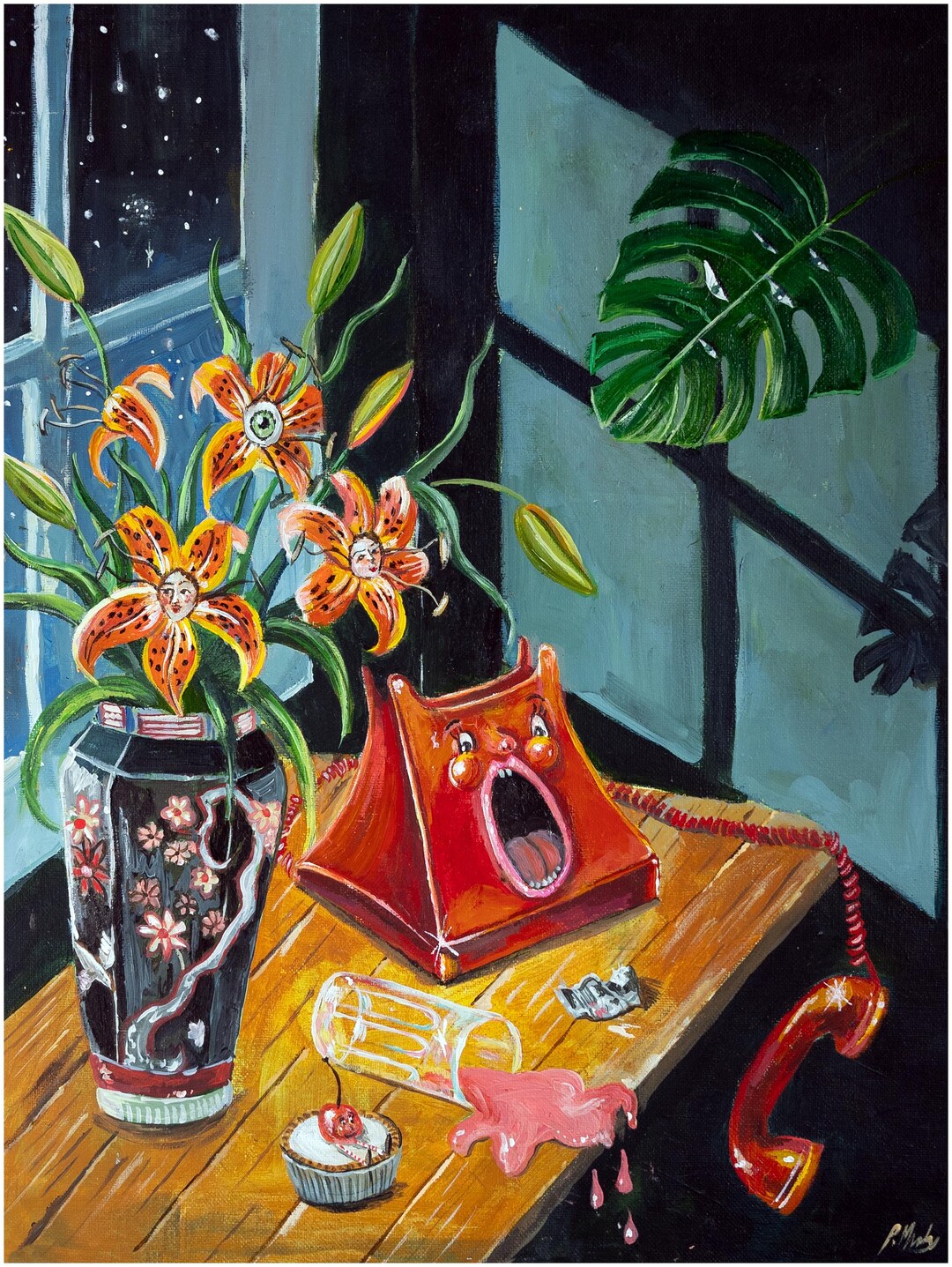 A Mysterious Phonecall - Pop Surrealist Flowers Original Painting Weird ...