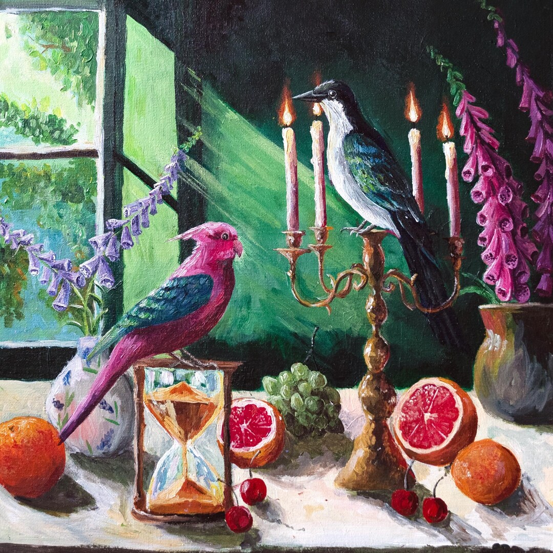 Magical Birds Flowers Original Painting Vibrant Green Fruit Still Life ...