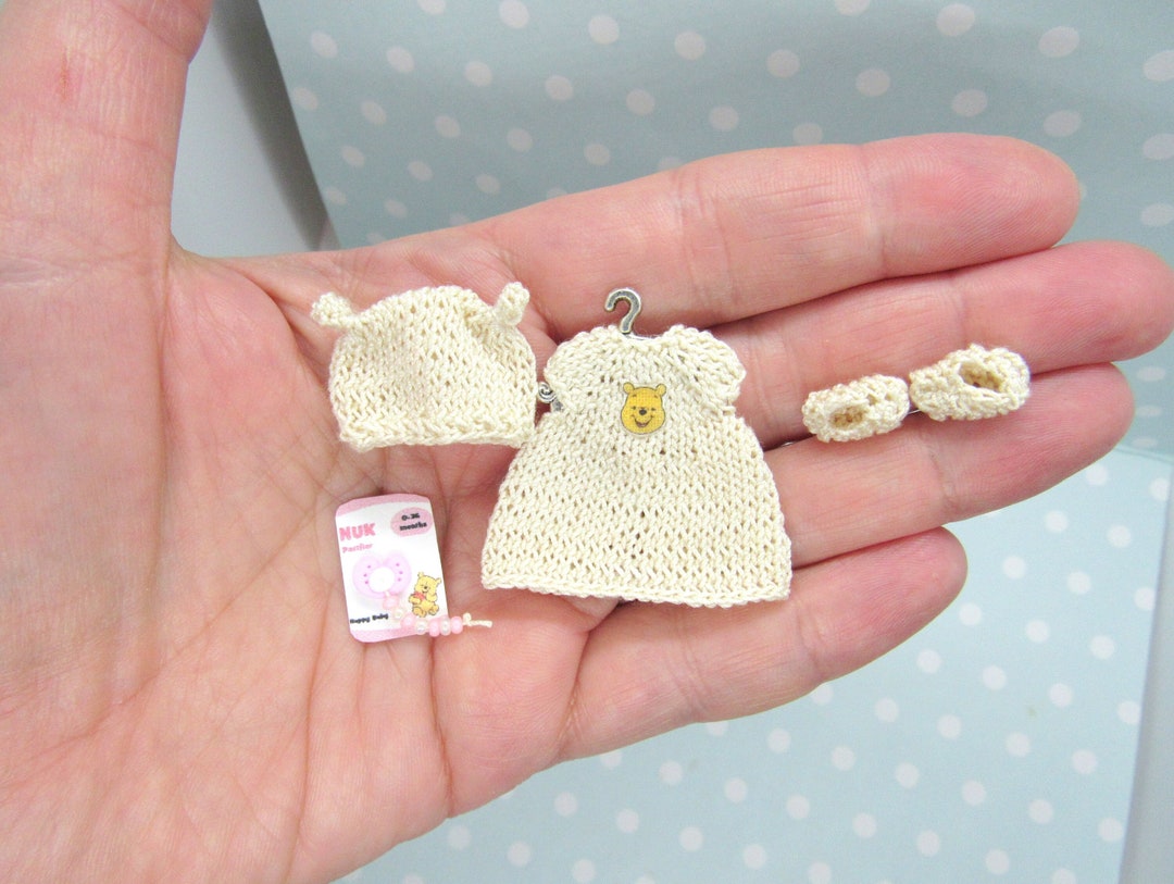 WEARABLE Miniature OUTFIT for Mini 2" OOAK Baby -> Dress, Hat, Booties ...
