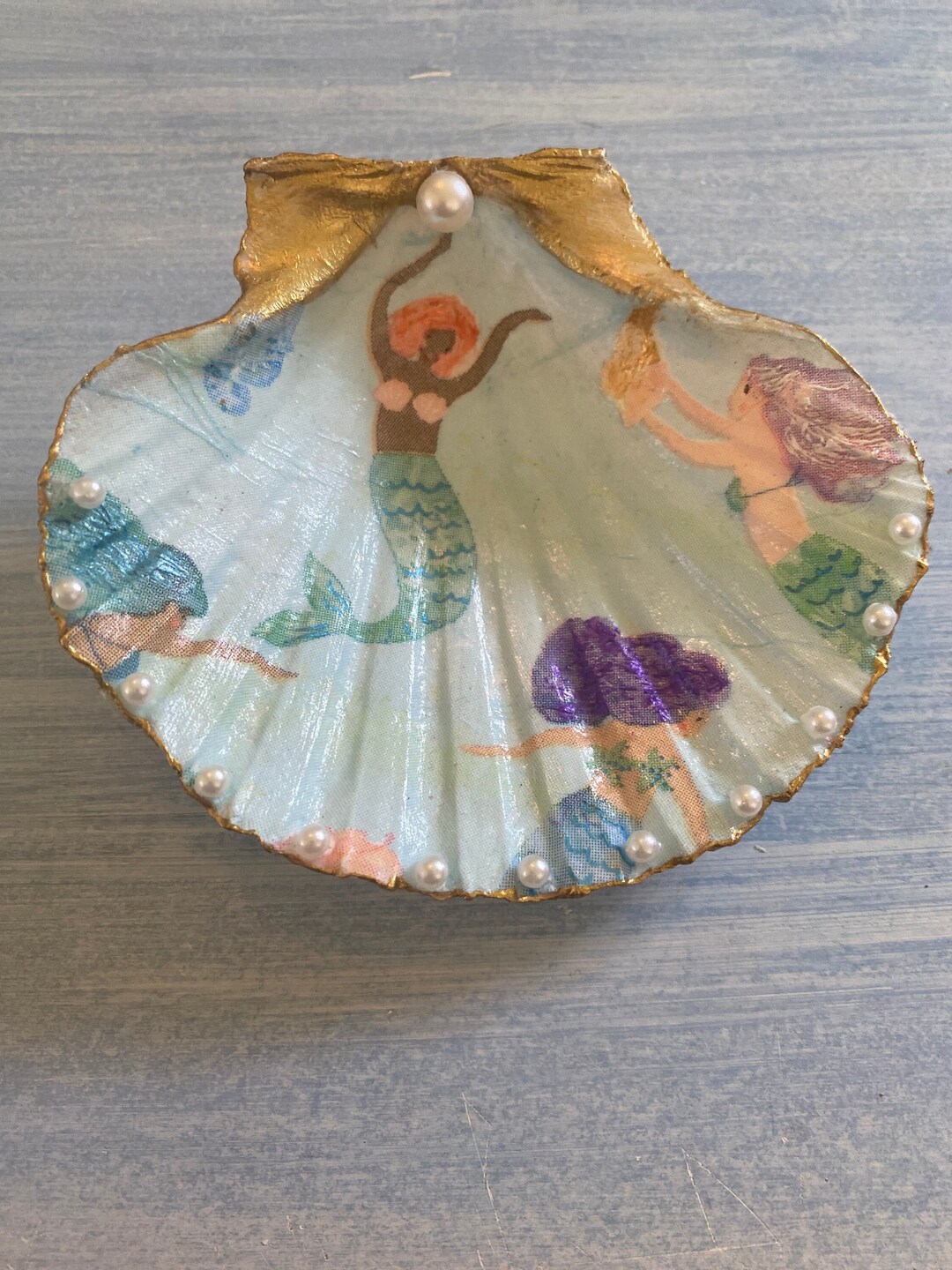 Mermaid Trinket Holder, Decoupaged Shell Ring, Jewelry Holder, Coastal ...