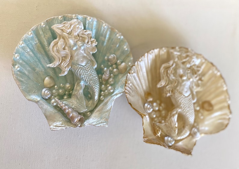 Mermaid Ornament Handmade Gold Painted Scallop Shell, Pearls, Seashells ...