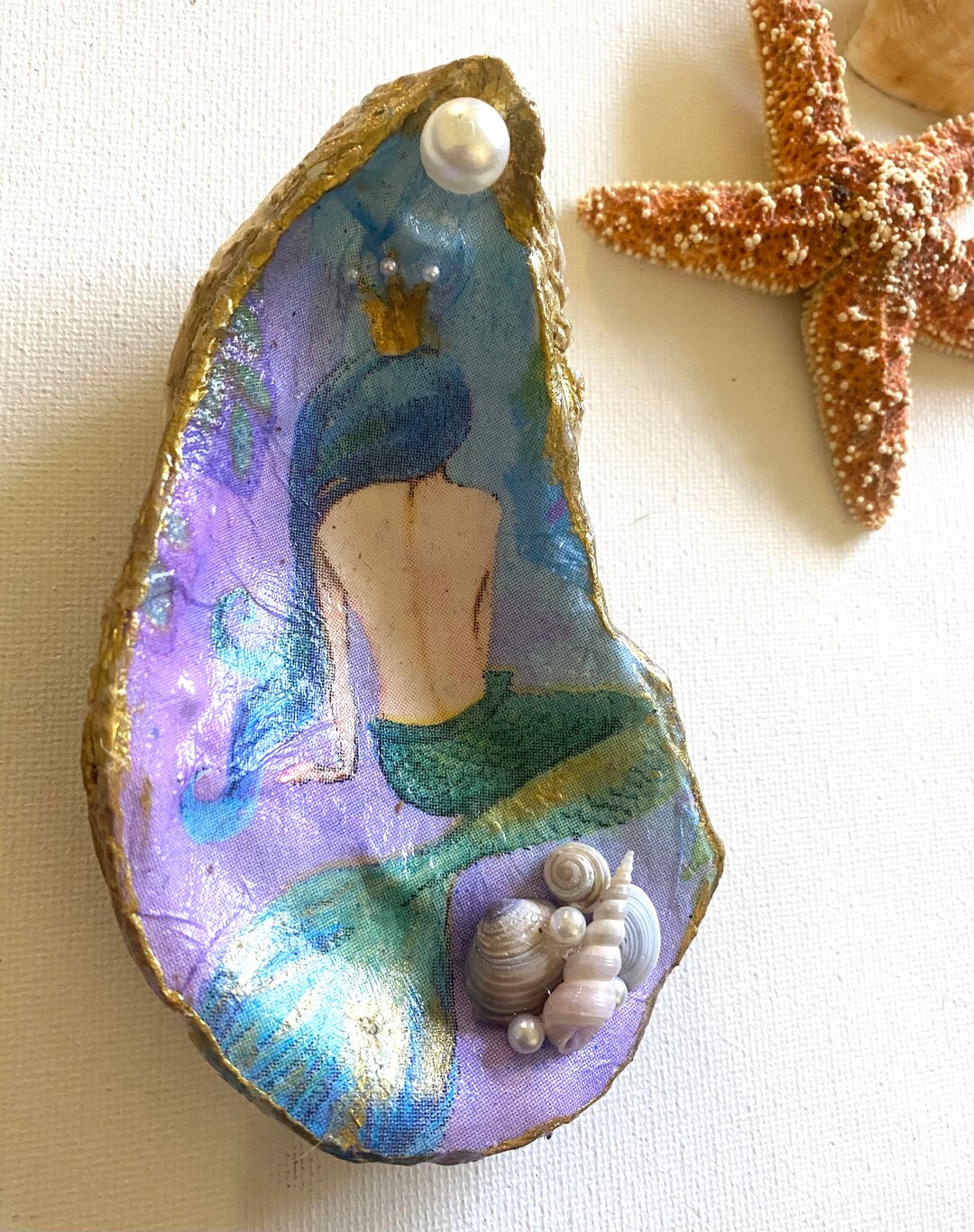 Mermaid Ring/trinket Holder, Decoupaged Oyster Shell Dish, Coastal ...