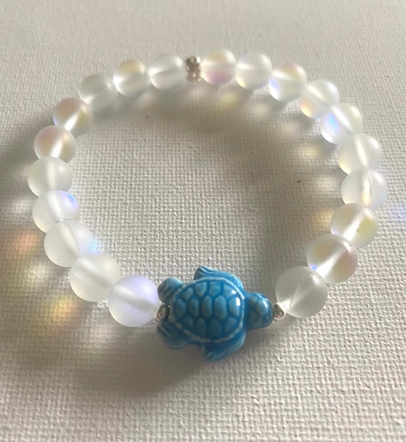 Sea Turtle Bracelet Iridescent Mystic Aura Quarts Beads Blue Turtle Sterling Silver Beads Beach Theme Jewelry Ocean Turtle Lover Bracelet Etsy