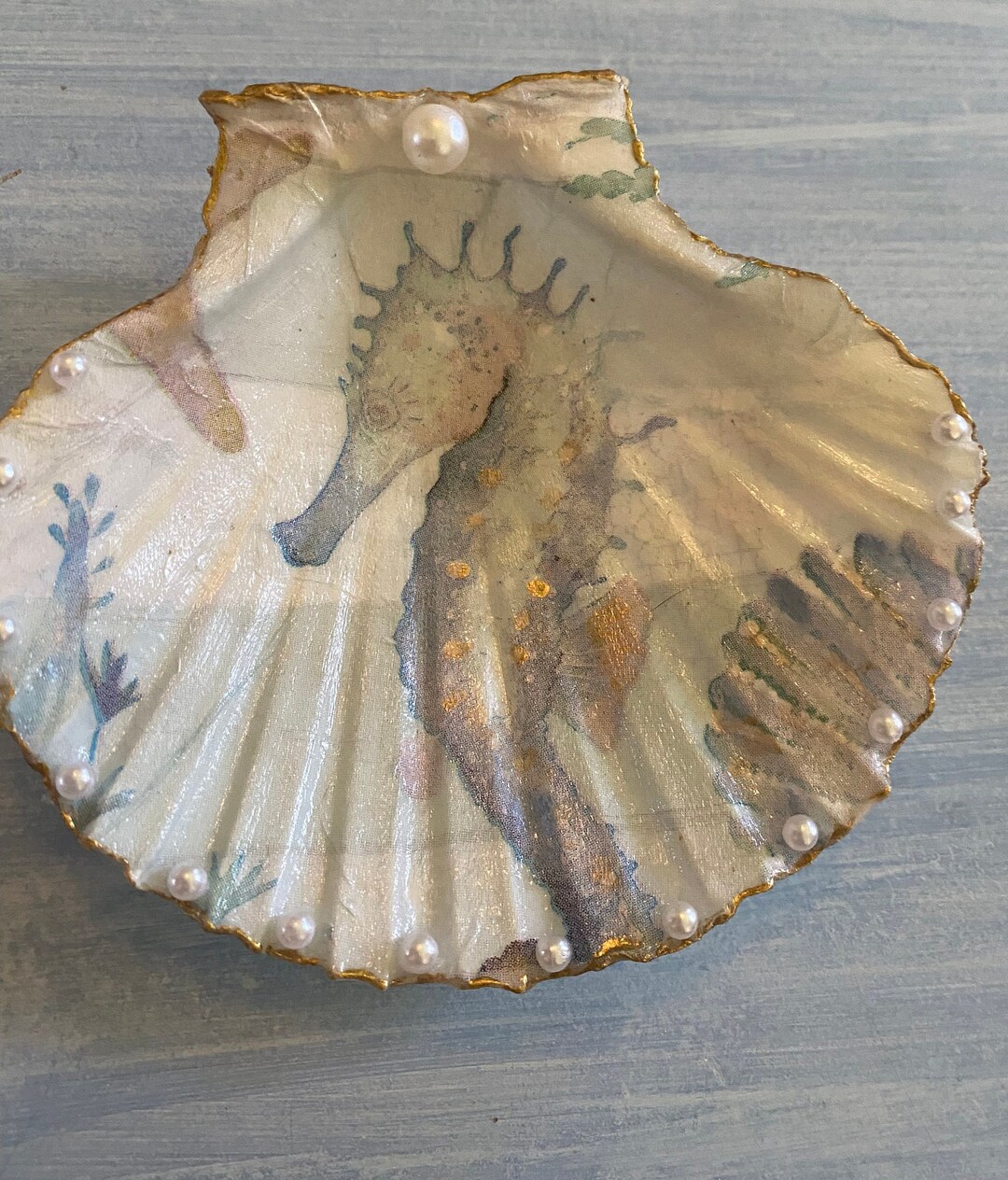 Decoupage Seahorse Shell Trinket Dish, Sea Life Pearl Jewelry Holder - Etsy