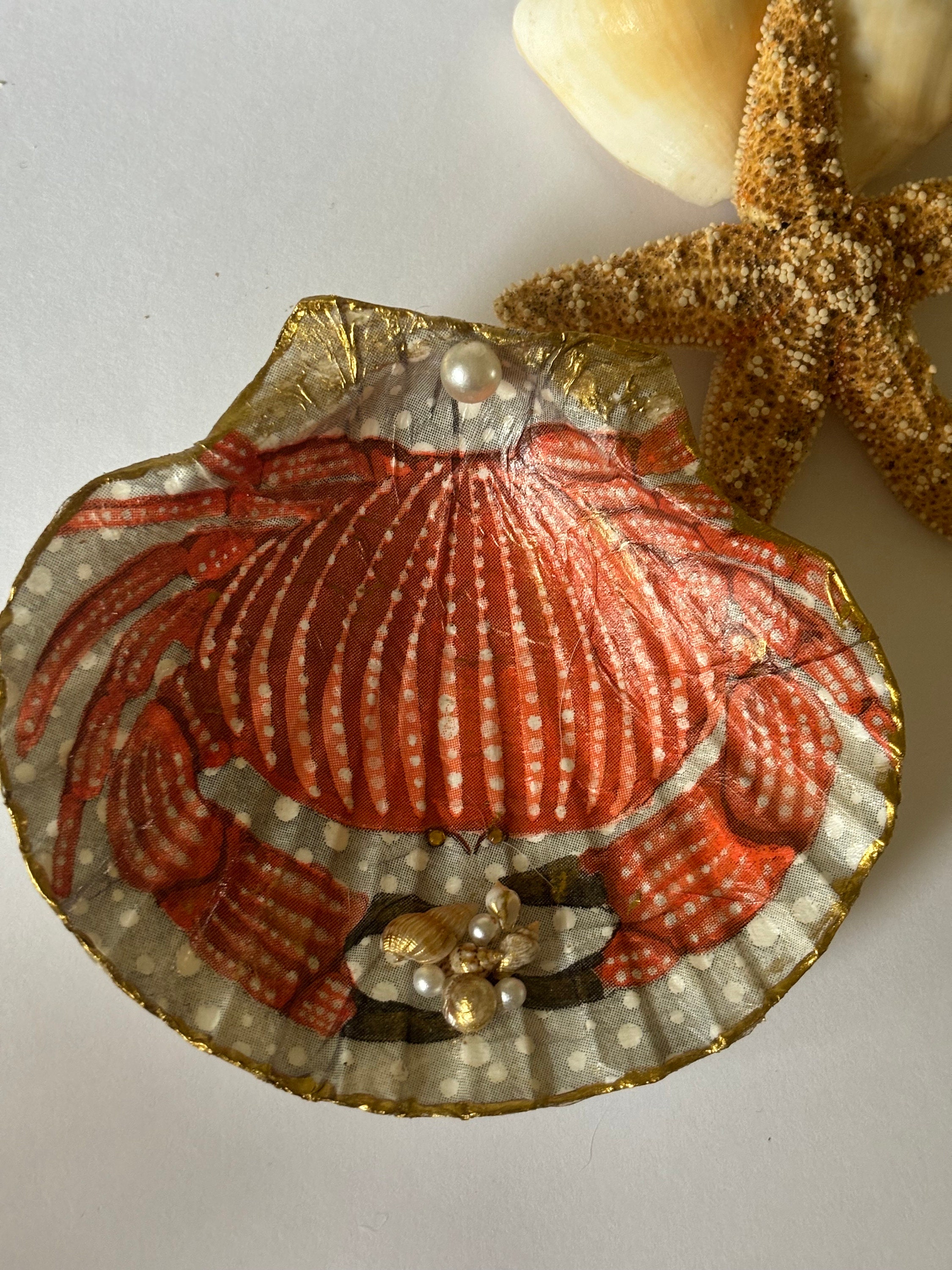 Crab Shell Trinket Dish Coastal Seashells Jewelry Decoupaged Ring ...