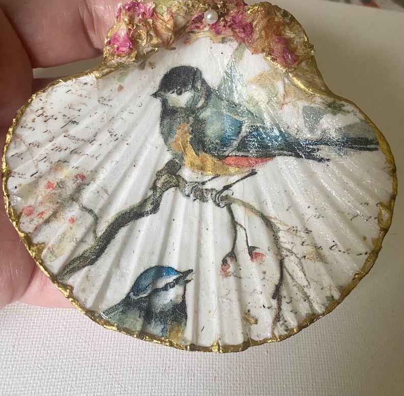 Bird Shell Trinket Dish With Dried Flowers, Decoupaged Ring Dish - Etsy