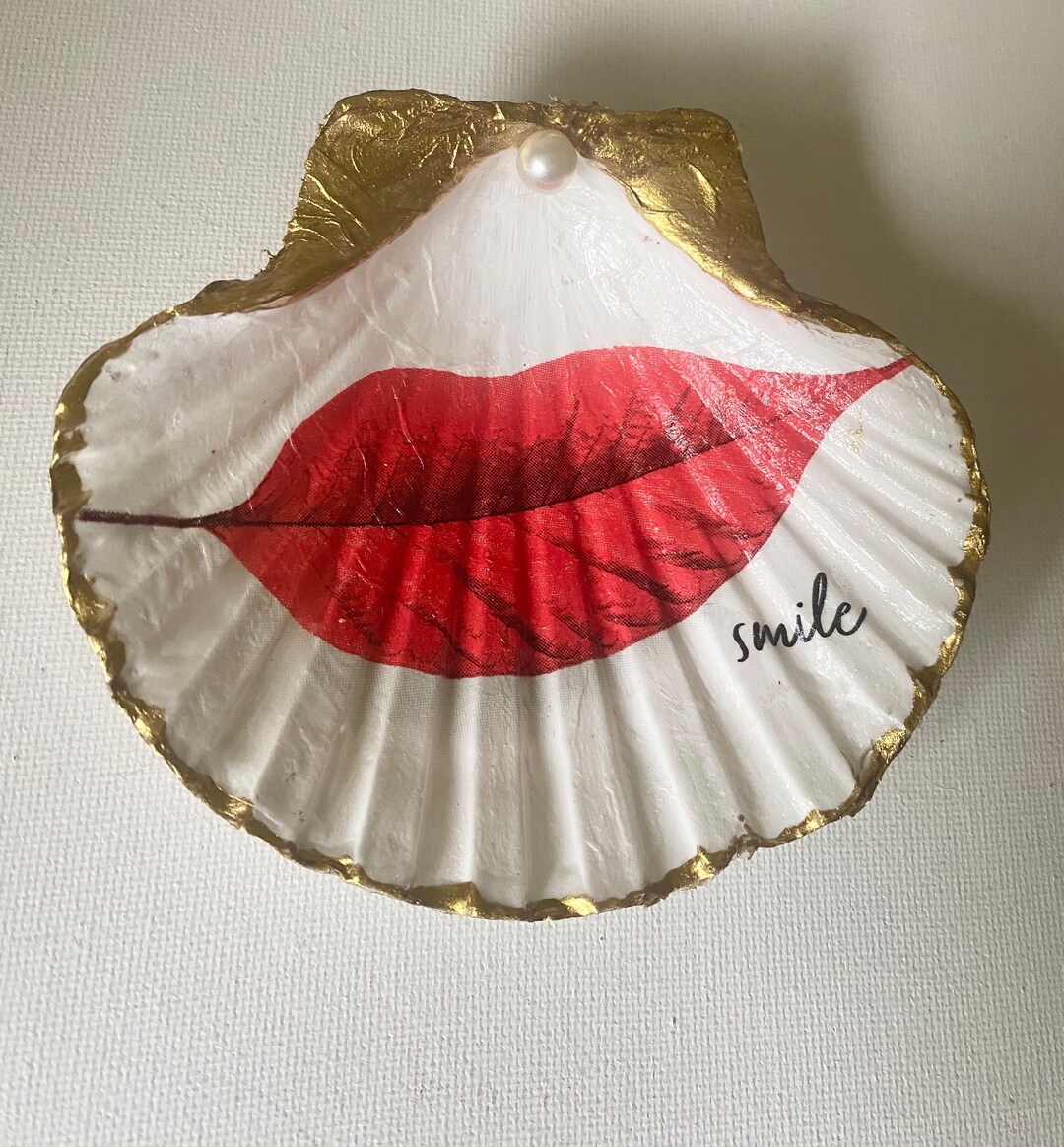 Shell Jewelry Trinket Holder Red Leaf Shaped Like Lips Decoupaged on ...