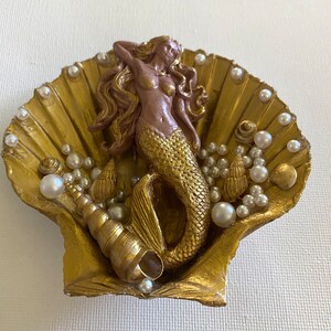 Tan Mermaid Ornament: Handmade Gold Seashell With Pearls, Beach ...