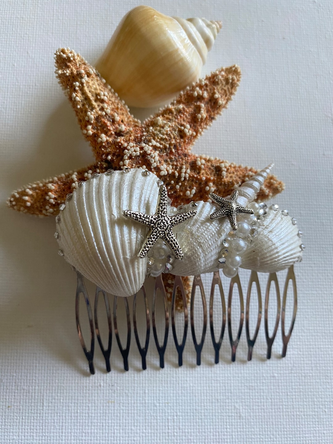 Seashell Hair Comb, With Silver Starfish and Pearls, Beach Theme ...