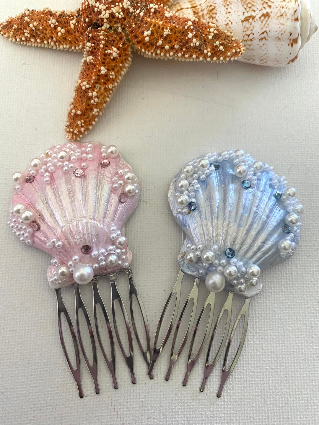 Seashell Hair Comb, Natural Shells, Painted, Pearls, Pink or Blue ...
