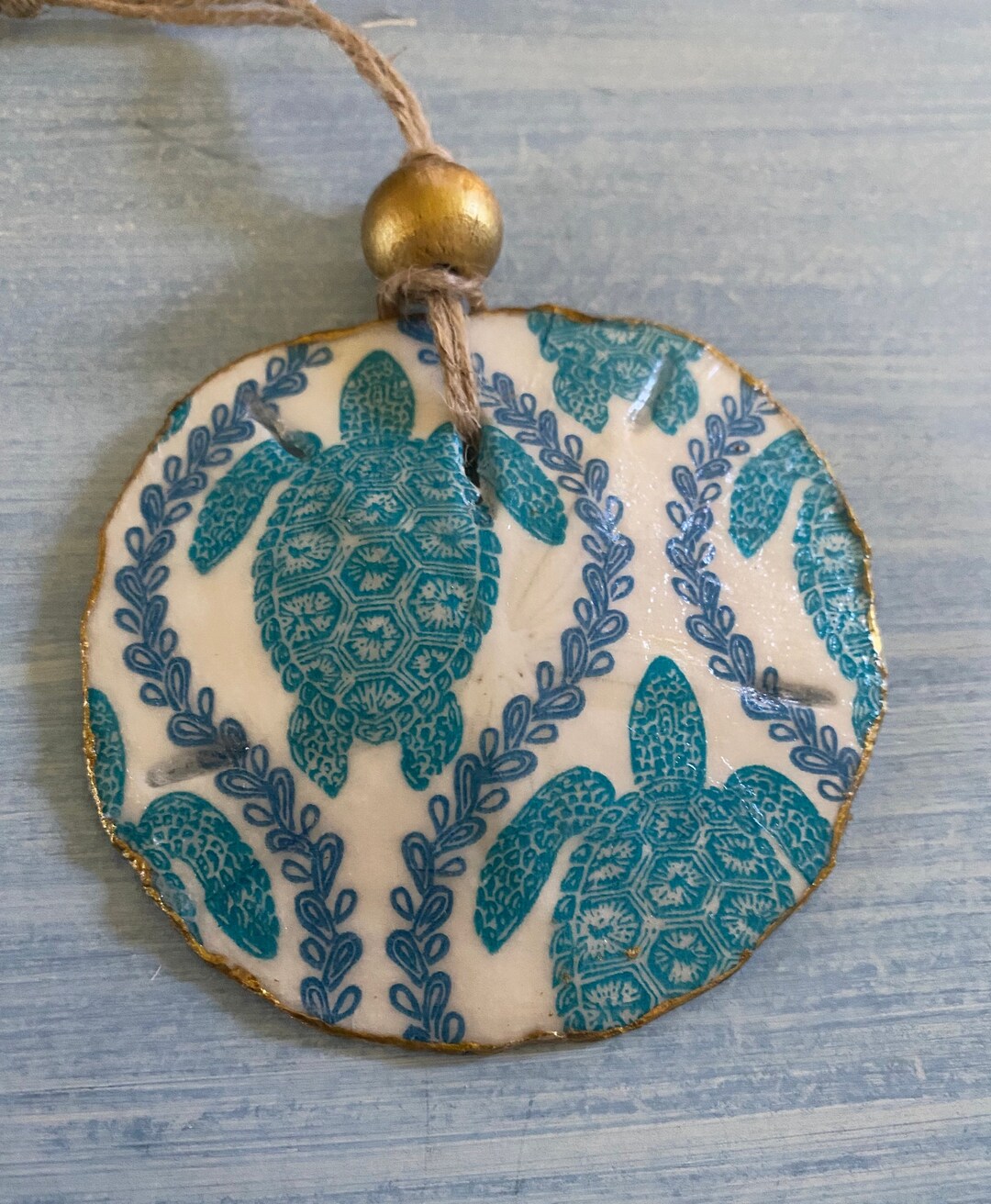 Sea Turtles Ornament, Handmade Decoupaged Sand Dollar, Beach Theme ...