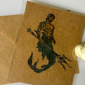 Handmade Merman Card, Merman Trident Ocean Theme Note Card, Colored ...