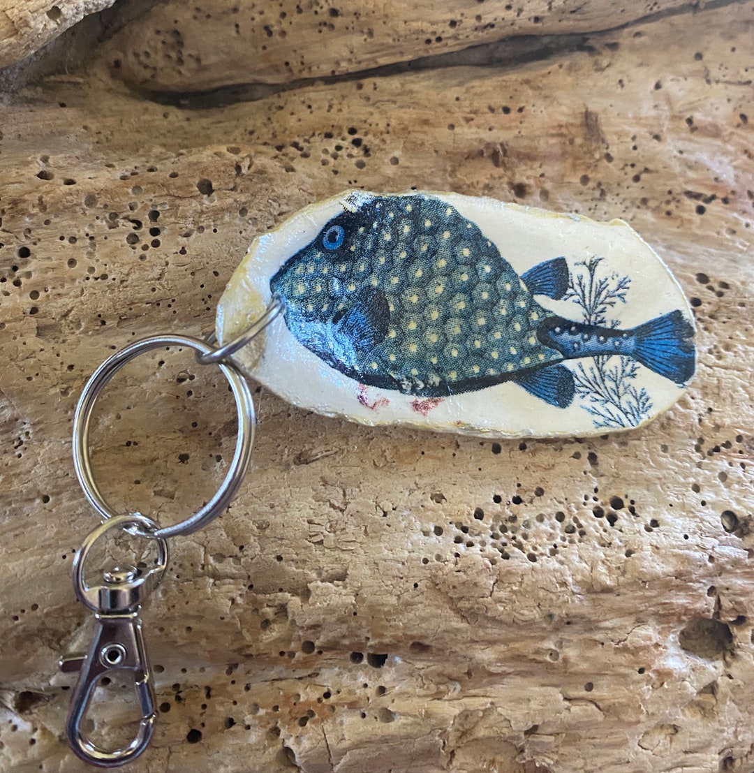 Oyster Shell Keychain With Lanyard Decoupage Fish Key Chain - Etsy