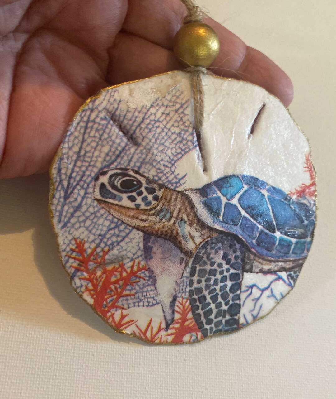 Sea Turtle Ornament, Sand Dollar Decoupage Art, Coastal Beach ...