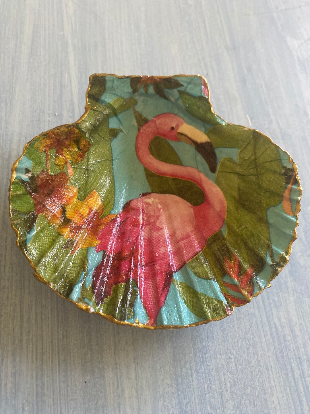 Flamingo Shell Jewelry Trinket Holder, Decoupaged Handmade Tropical ...