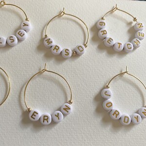 Personalized Wine Glass Charms, 6 Gold Tone Hoops, Lettering White ...
