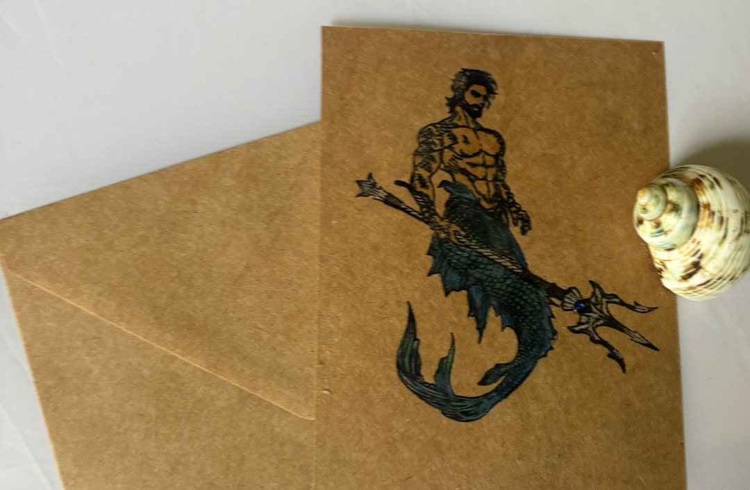 Handmade Merman Card, Merman Trident Ocean Theme Note Card, Colored ...