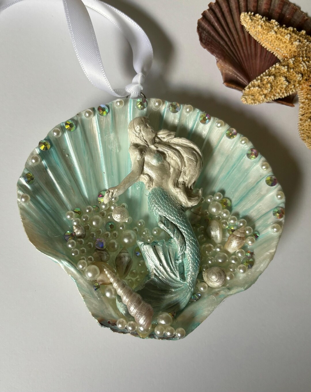 Mermaid Ornament Decoration on Scallop Shell, Pearls, Shells, Hand ...