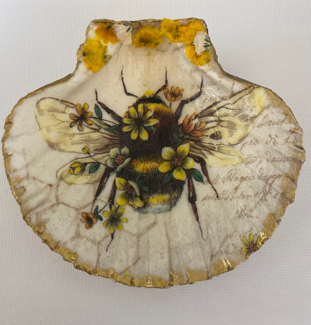 Bee on Shell Trinket Holder Decoupaged Bee & Dried Flowers Ring Dish ...