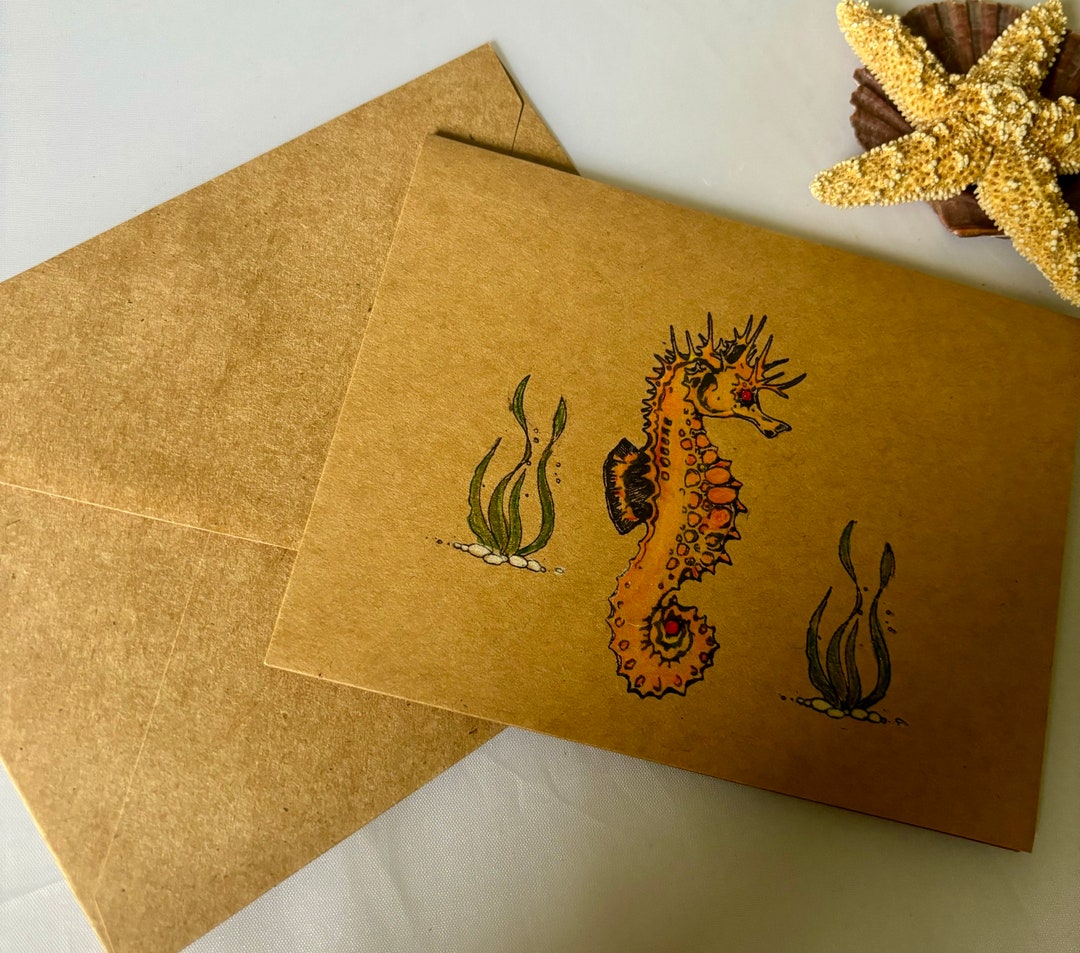 Handmade Seahorse Card, Seahorse Ocean Theme Note Card, Colored Pencils ...