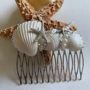 Seashell Hair Comb, With Silver Starfish and Pearls, Beach Theme ...