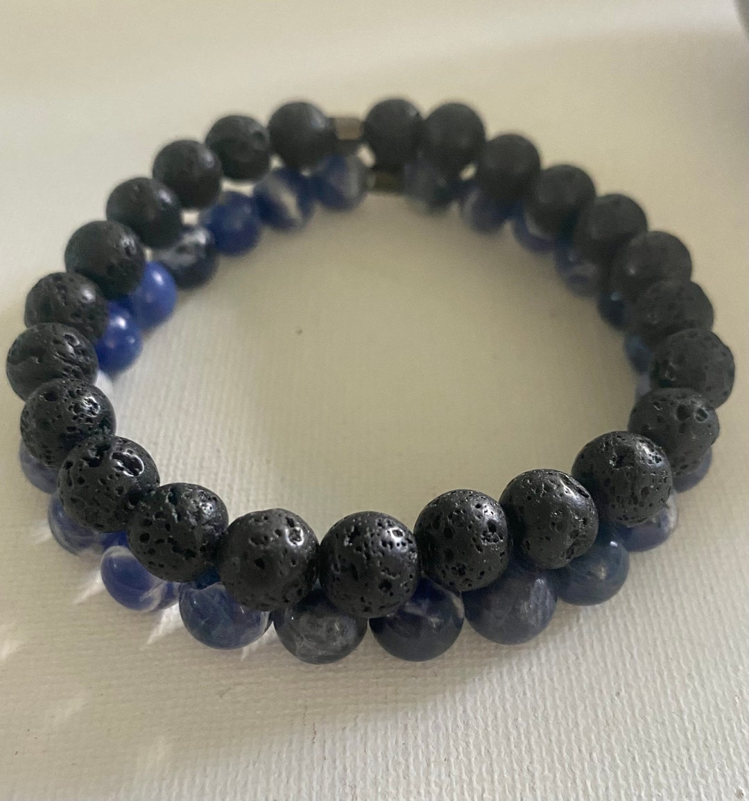 Men's Sodalite & Black Lava Bracelets Hematite Spacer Bead Bracelet Set ...